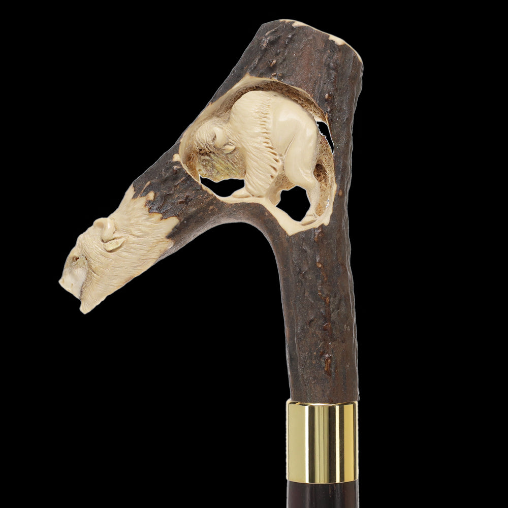 Carved Bison Antler Buffalo Bone: Collector Cane - Limited Supply