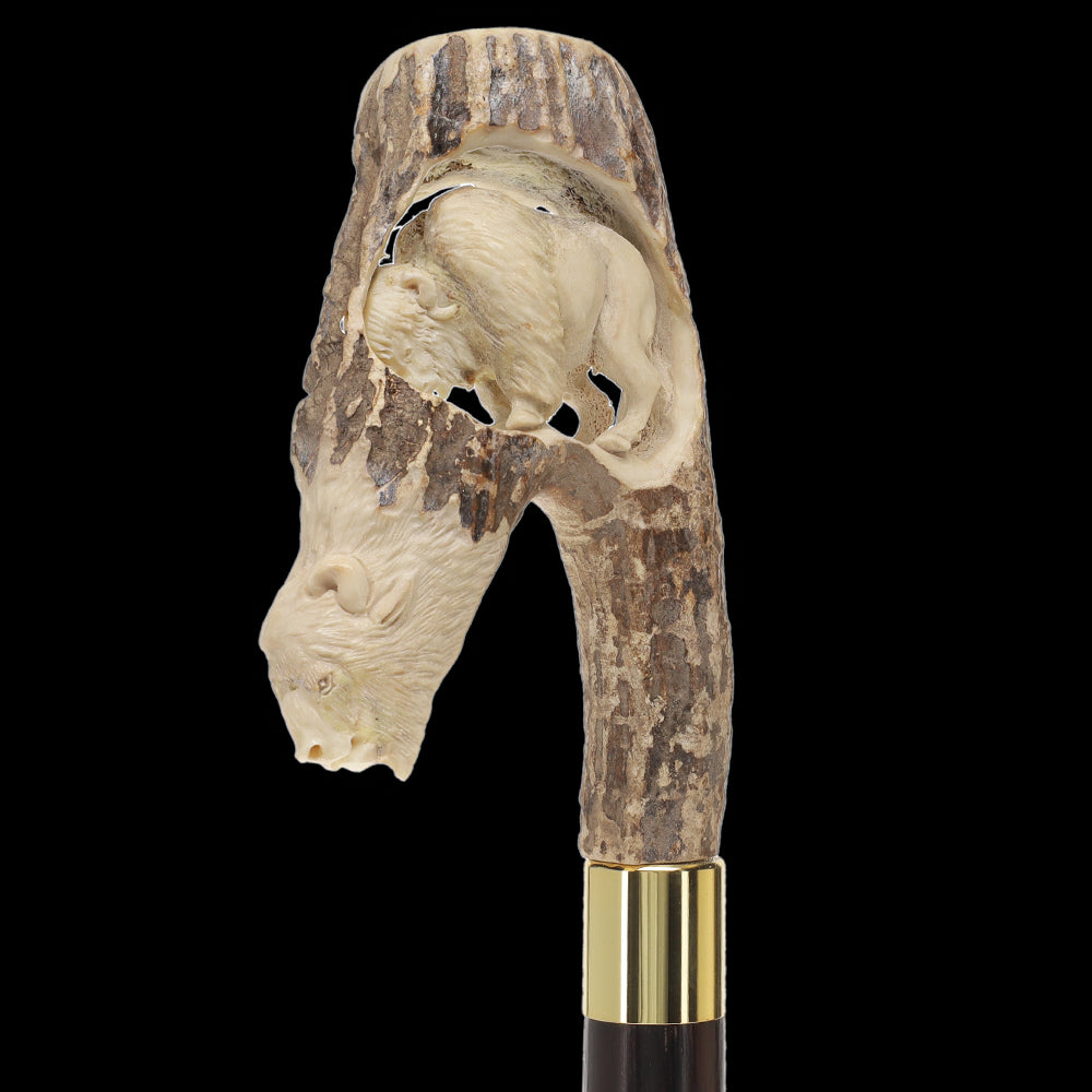 Carved Bison Antler Buffalo Bone: Collector Cane - Limited Supply