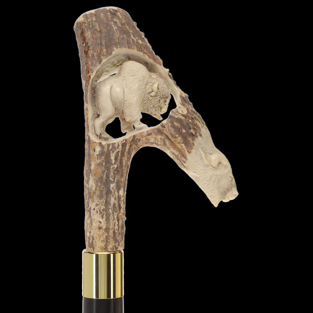 Carved Bison Antler Buffalo Bone: Collector Cane - Limited Supply