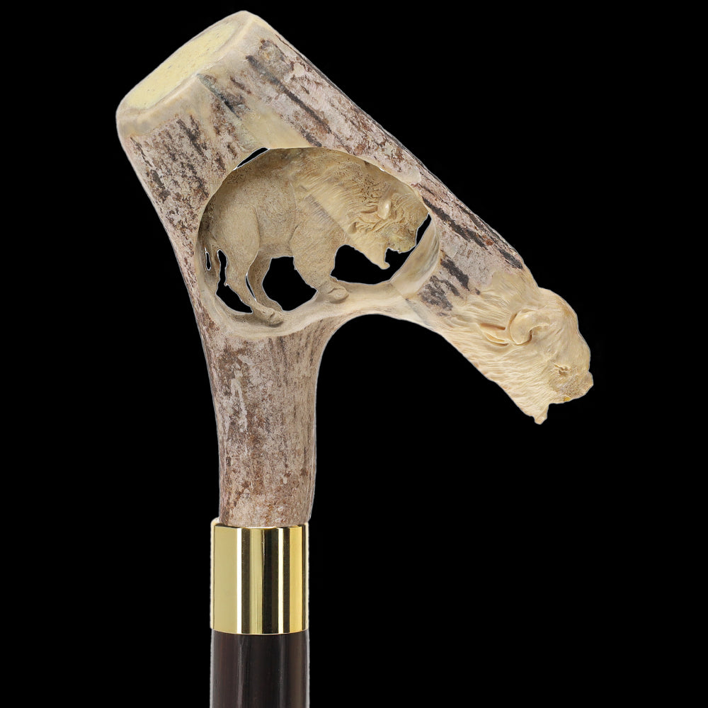 Carved Bison Antler Buffalo Bone: Collector Cane - Limited Supply