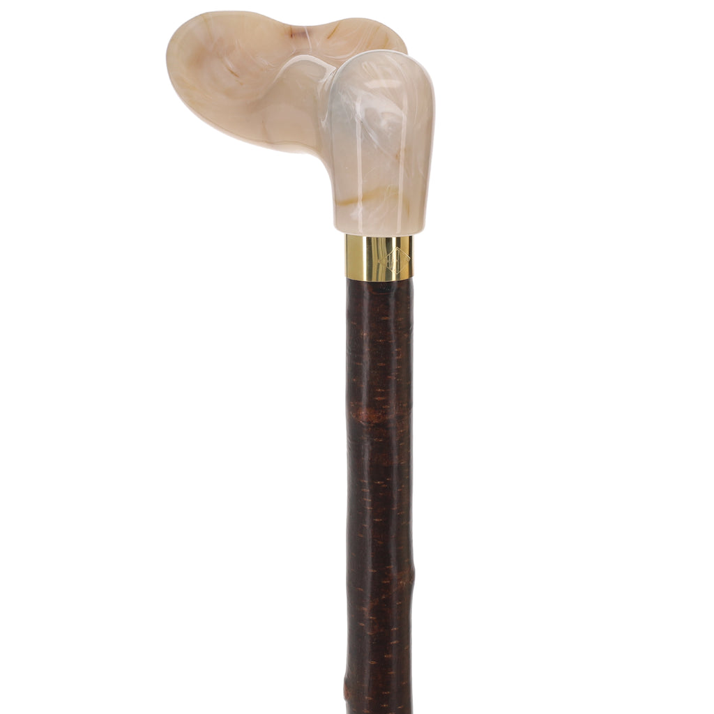 Elegant White Marble Palm Grip Cane with Blackthorn Shaft
