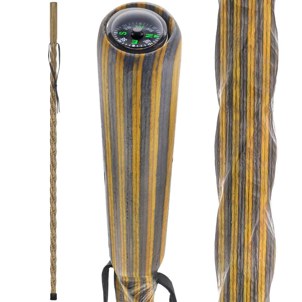 USA-Made Black/Yellow Colortone Hiking Staff: Rustic, Compass