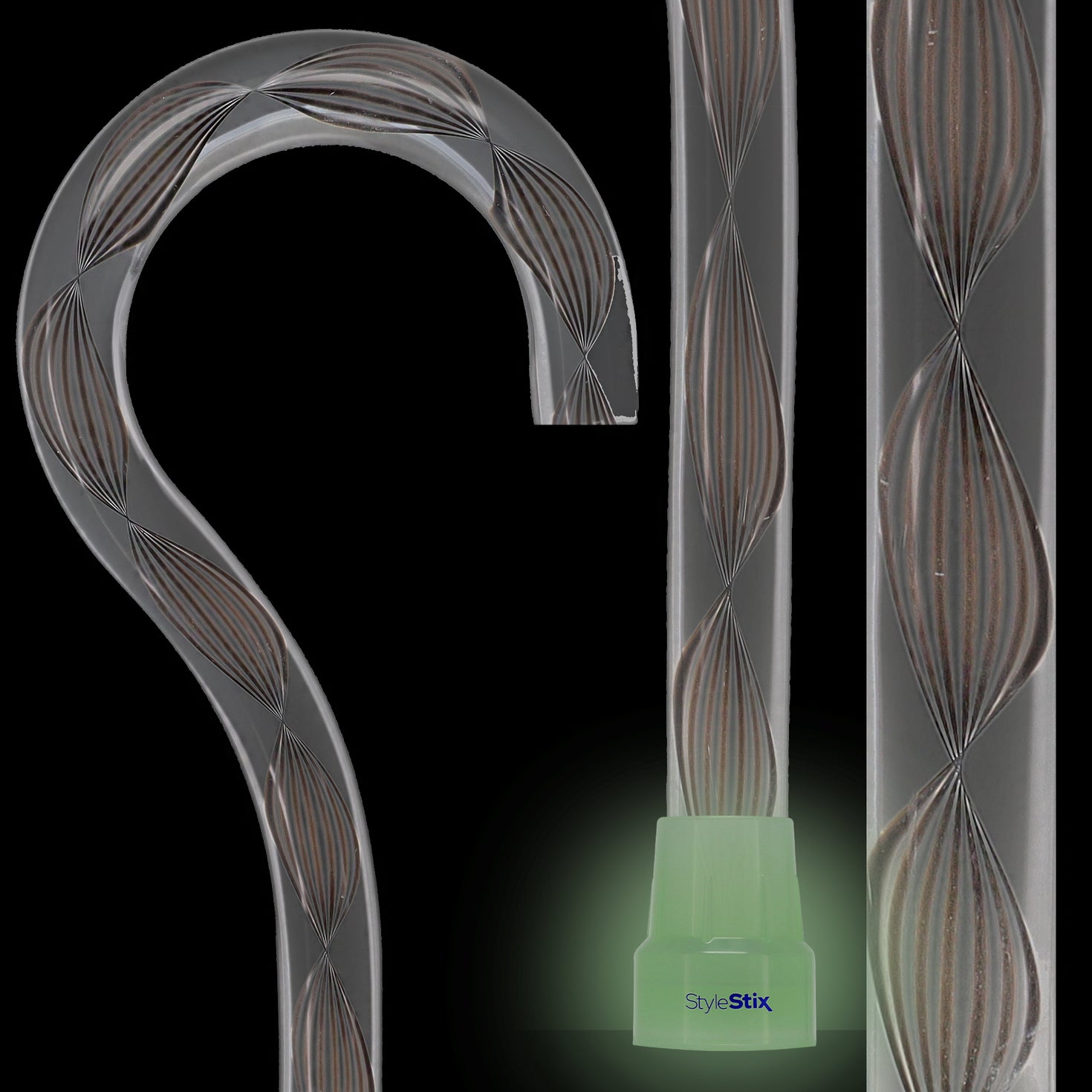 Obsidian Helix Cane: Sophisticated Black Twists, Clear Shaft