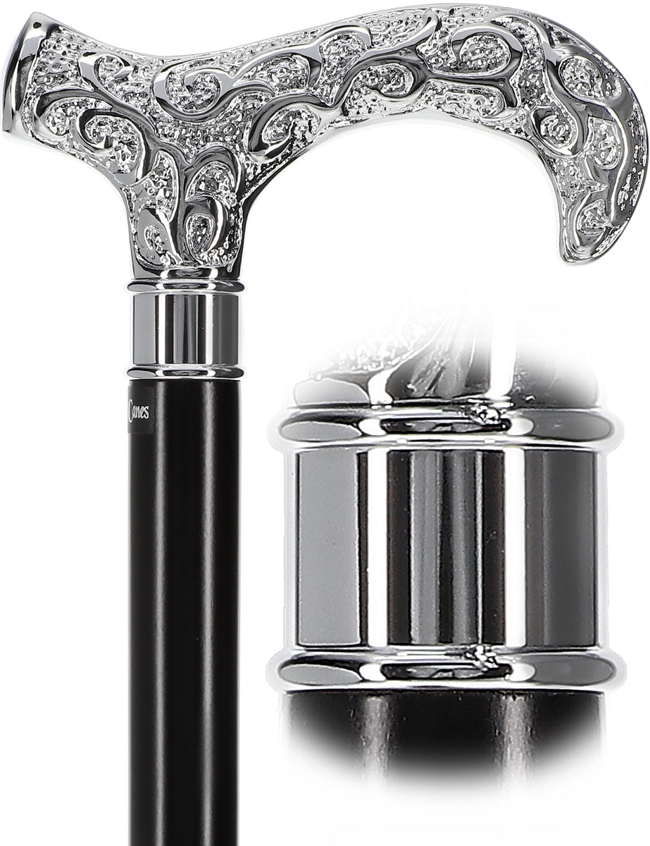 Extra Long Super Strong Silver Plated Scroll Derby Walking Cane
