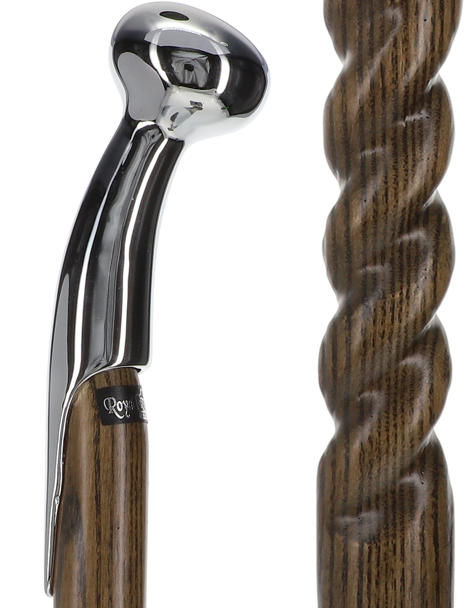 Premium Chrome-Plated Brass Hame Handle Stick: Twisted Ash Wood