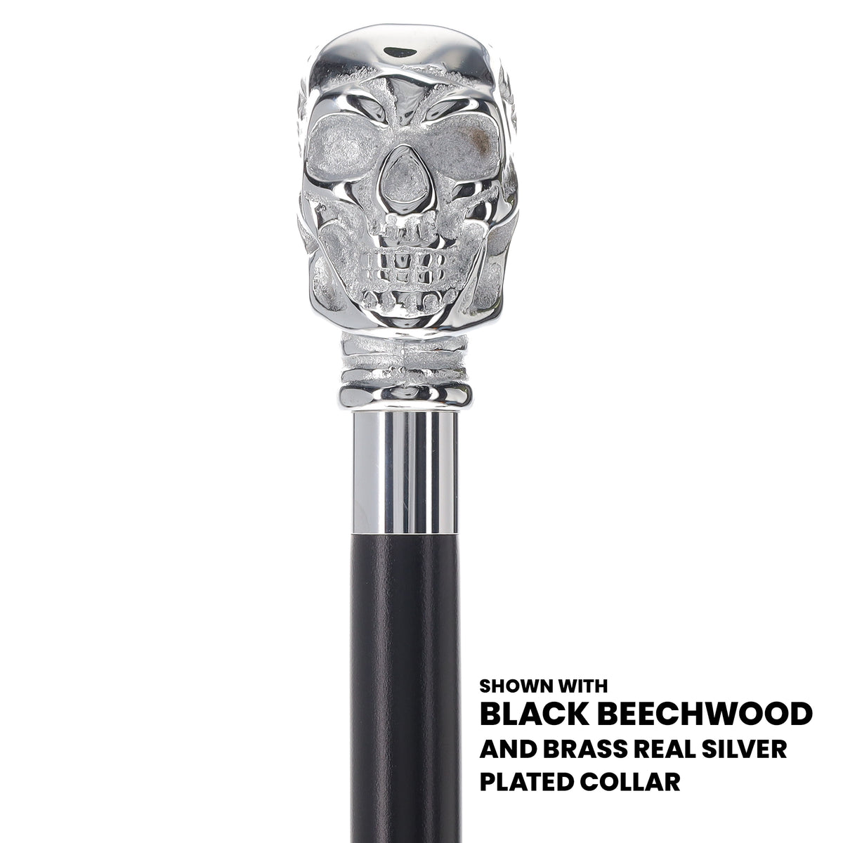 Skull Premium Chrome Brass Handle Cane: Custom Shaft & Collar