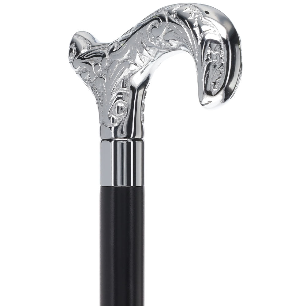 Classic Chrome Derby Handle Walking Flask Cane with Wooden Shaft