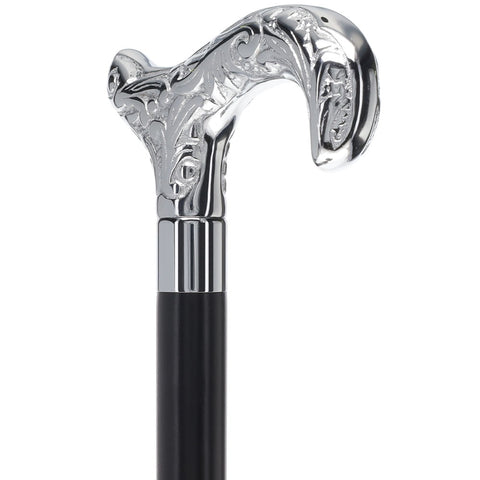 Classic Chrome Derby Handle Walking Flask Cane with Wooden Shaft