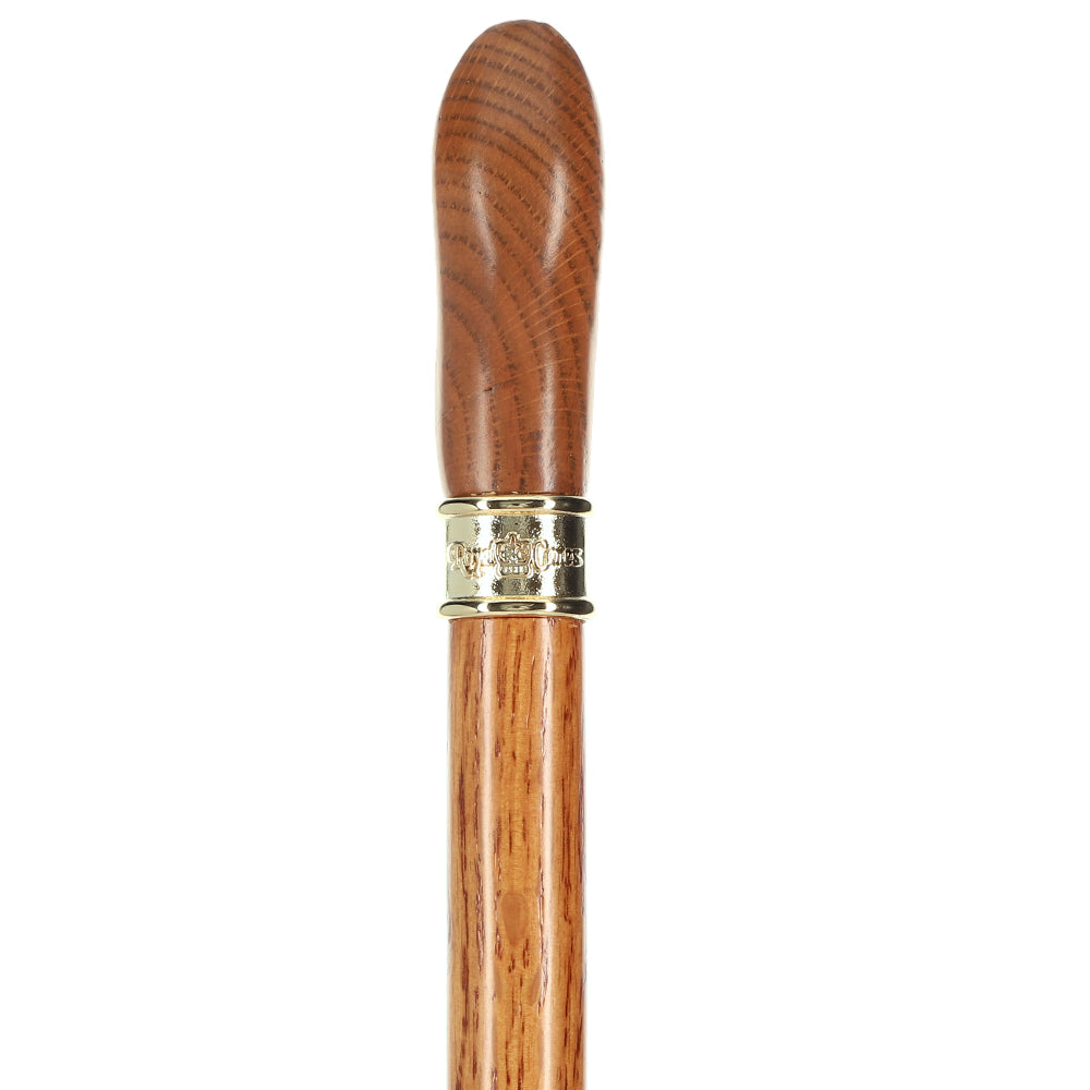 Authentic Genuine Oak Ergonomic Walking Cane with Embossed Brass RC Collar