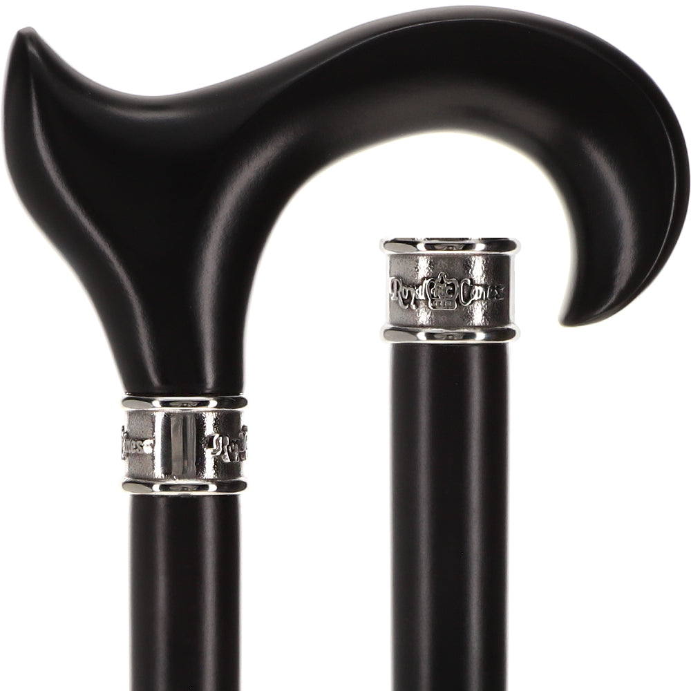 Hand-Specific Black Ergonomic Derby Cane: Silver Collar