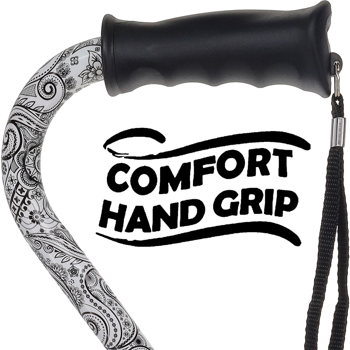Black & White Offset Cane - Comfort Grip, Adjustable w/ SafeTbase