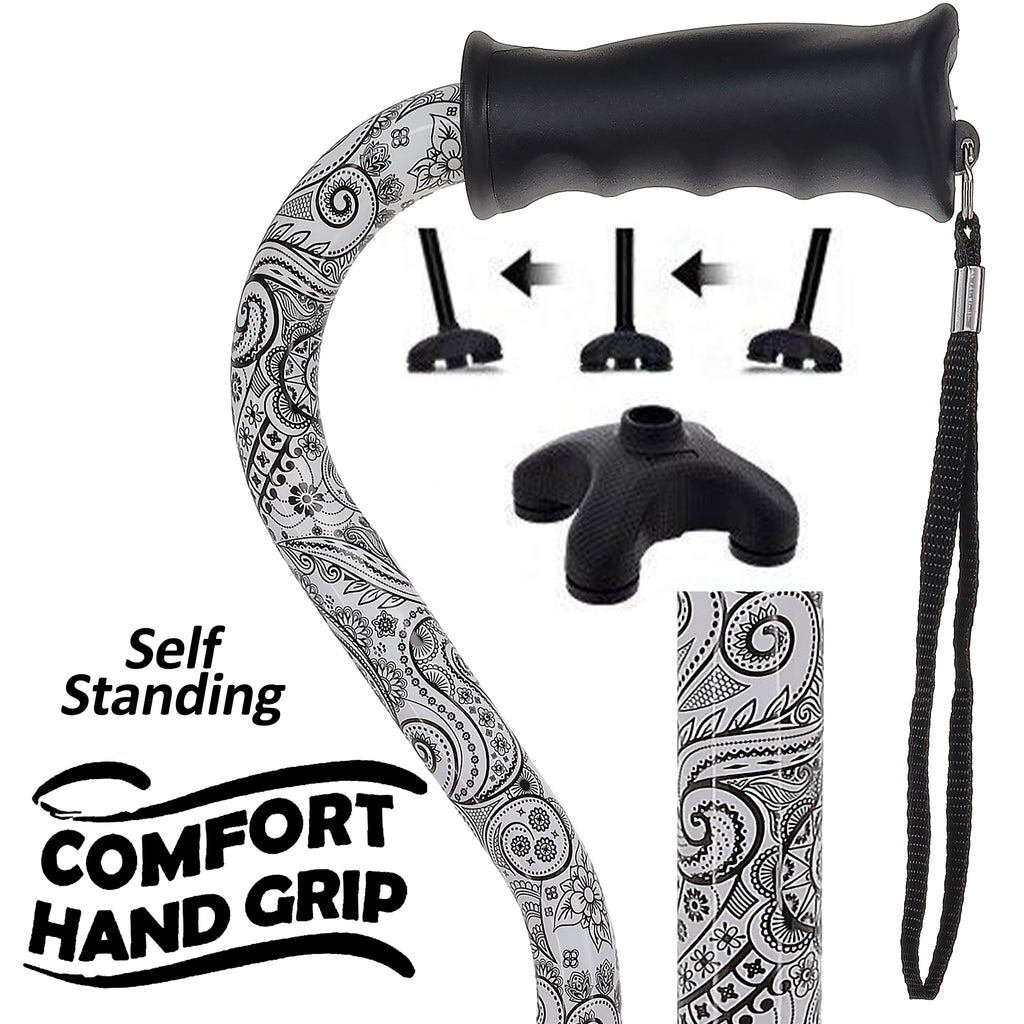 Black & White Offset Cane - Comfort Grip, Adjustable w/ SafeTbase