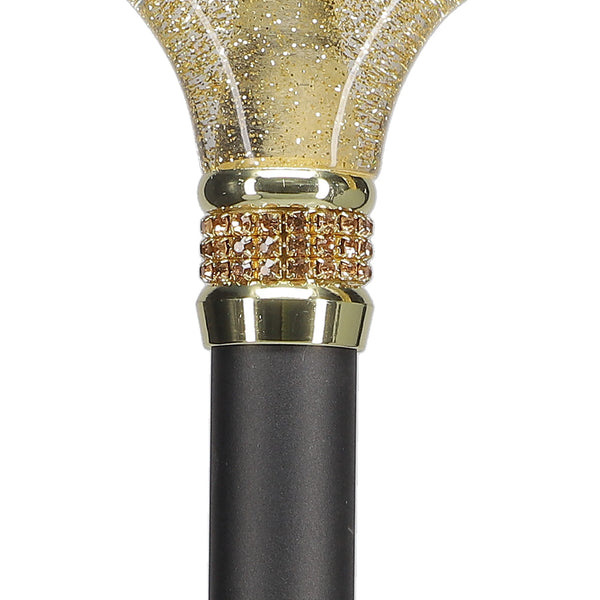 Gold Sparkle Designer Glitter Derby Handle Walking Cane w/ Rhinestone