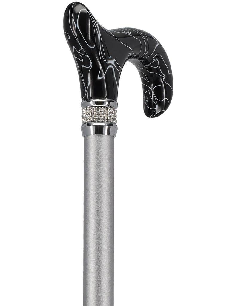 Luxurious Black Marble Designer Derby Cane with Rhinestone Collar