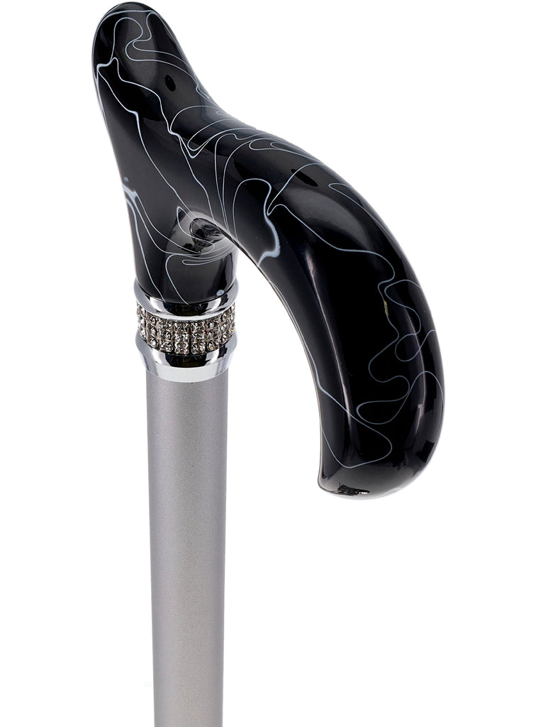 Luxurious Black Marble Designer Derby Cane with Rhinestone Collar