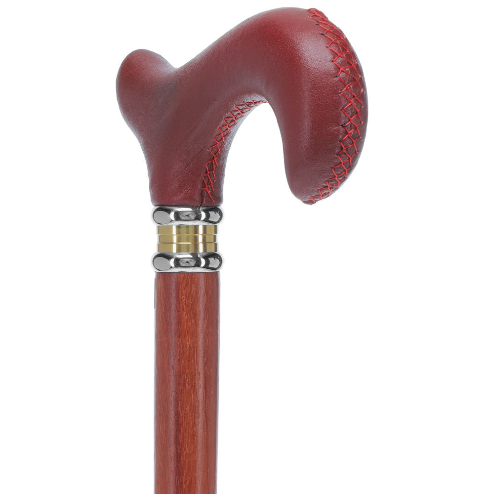 Red Leather Derby Walking Cane With Padauk Wood Shaft and Two