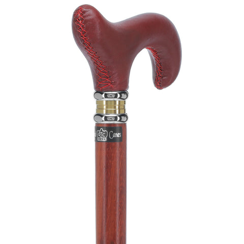 Red Leather Derby Walking Cane With Padauk Wood Shaft and Two