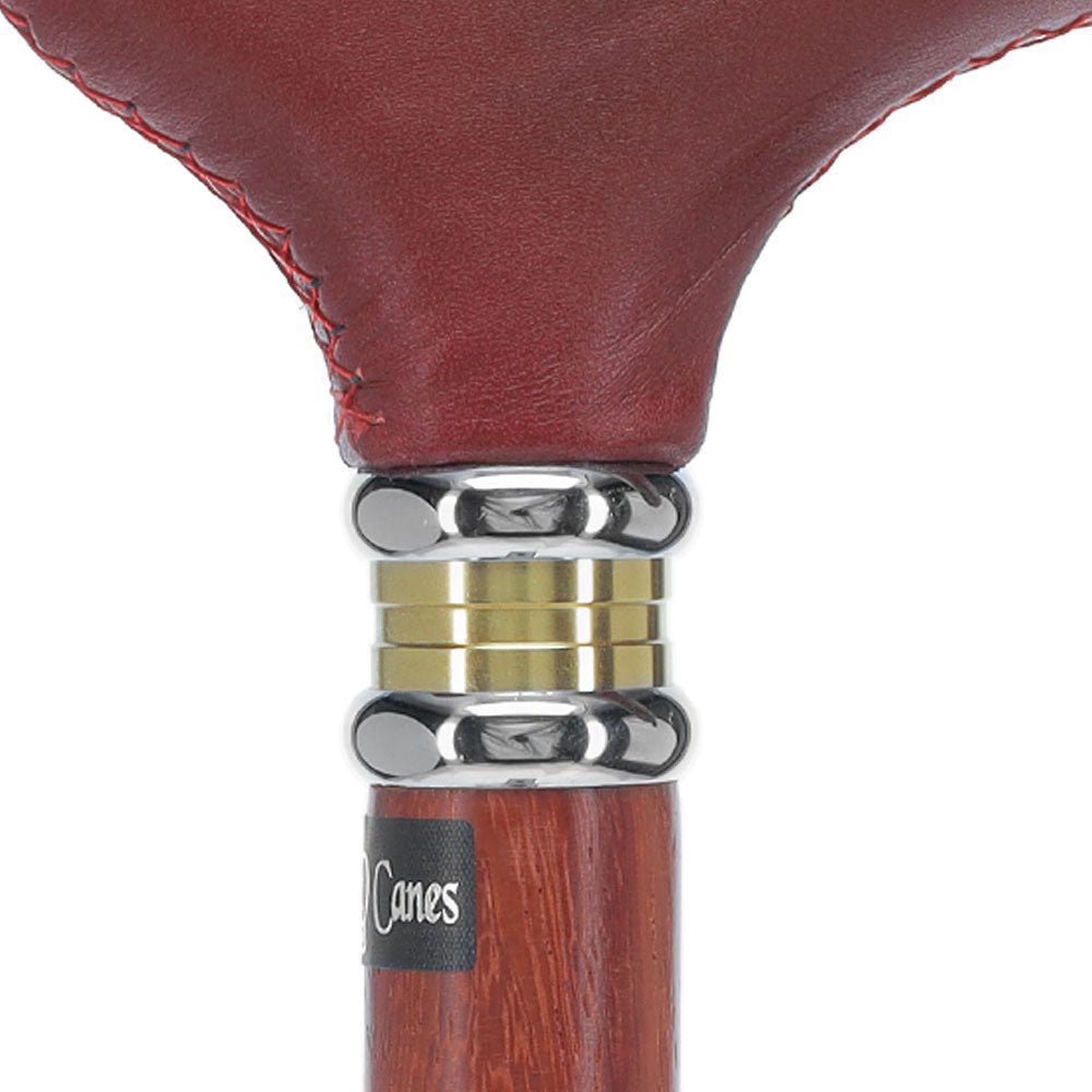Red Leather Derby Walking Cane With Padauk Wood Shaft and Two