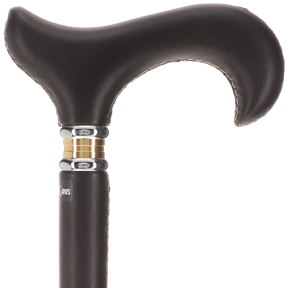 Black Leather Wrapped Derby Walking Cane With Leather Shaft and