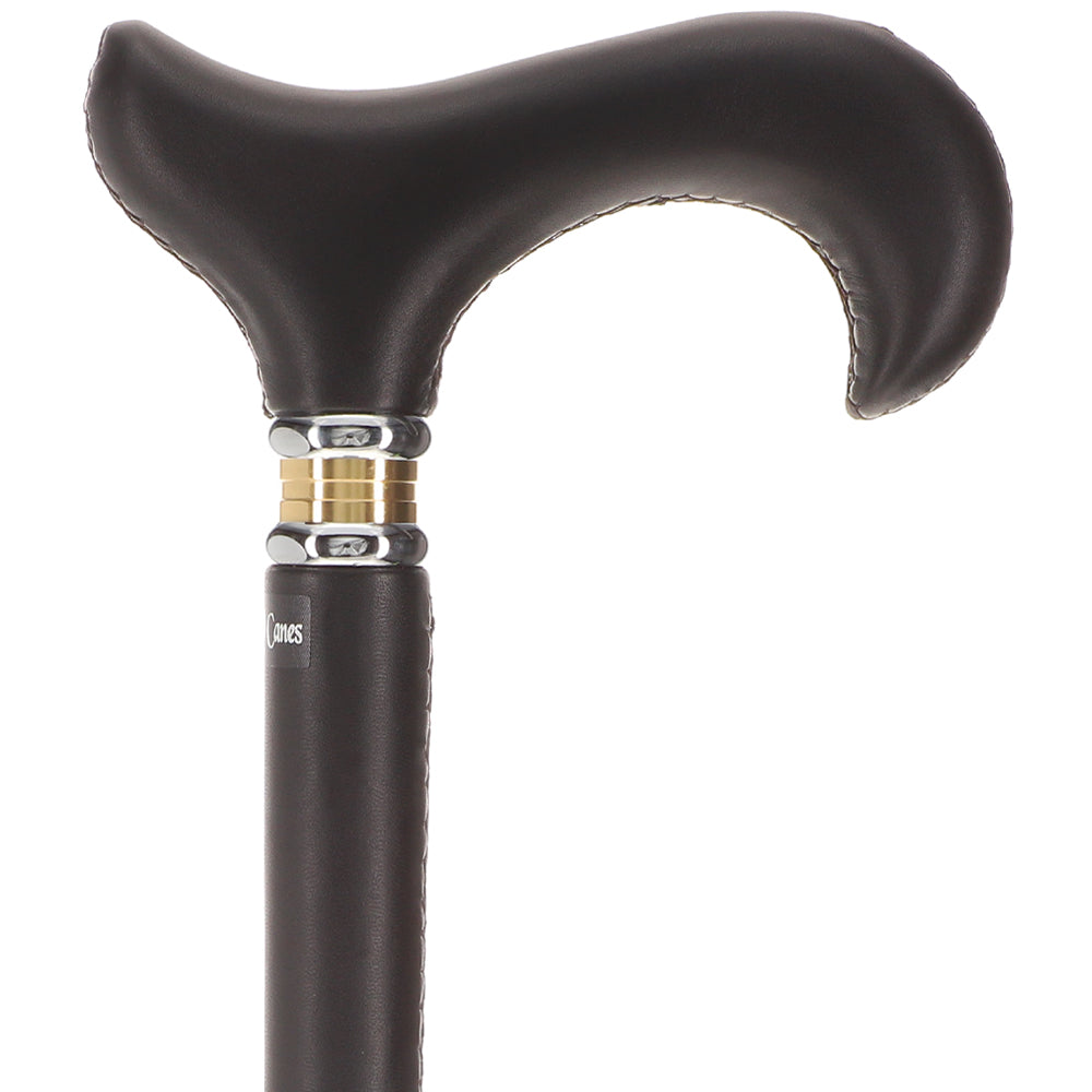 Black Leather Wrapped Derby Walking Cane With Leather Shaft and