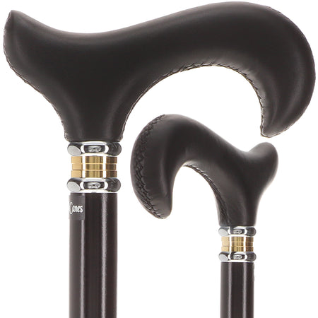 Black Leather Derby Walking Cane With Black Beechwood Shaft and