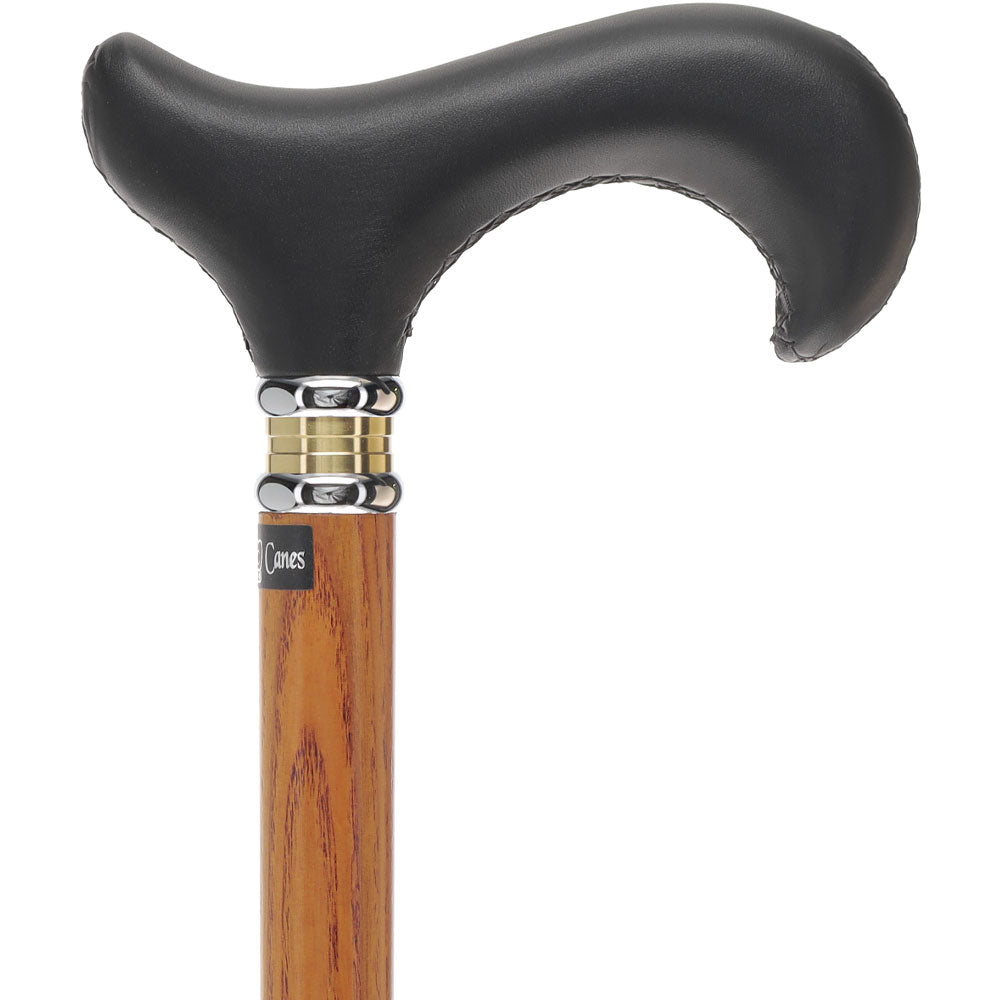 Sleek Black Leather Derby Cane with Ash Wood Shaft & Two Tone Collar ...