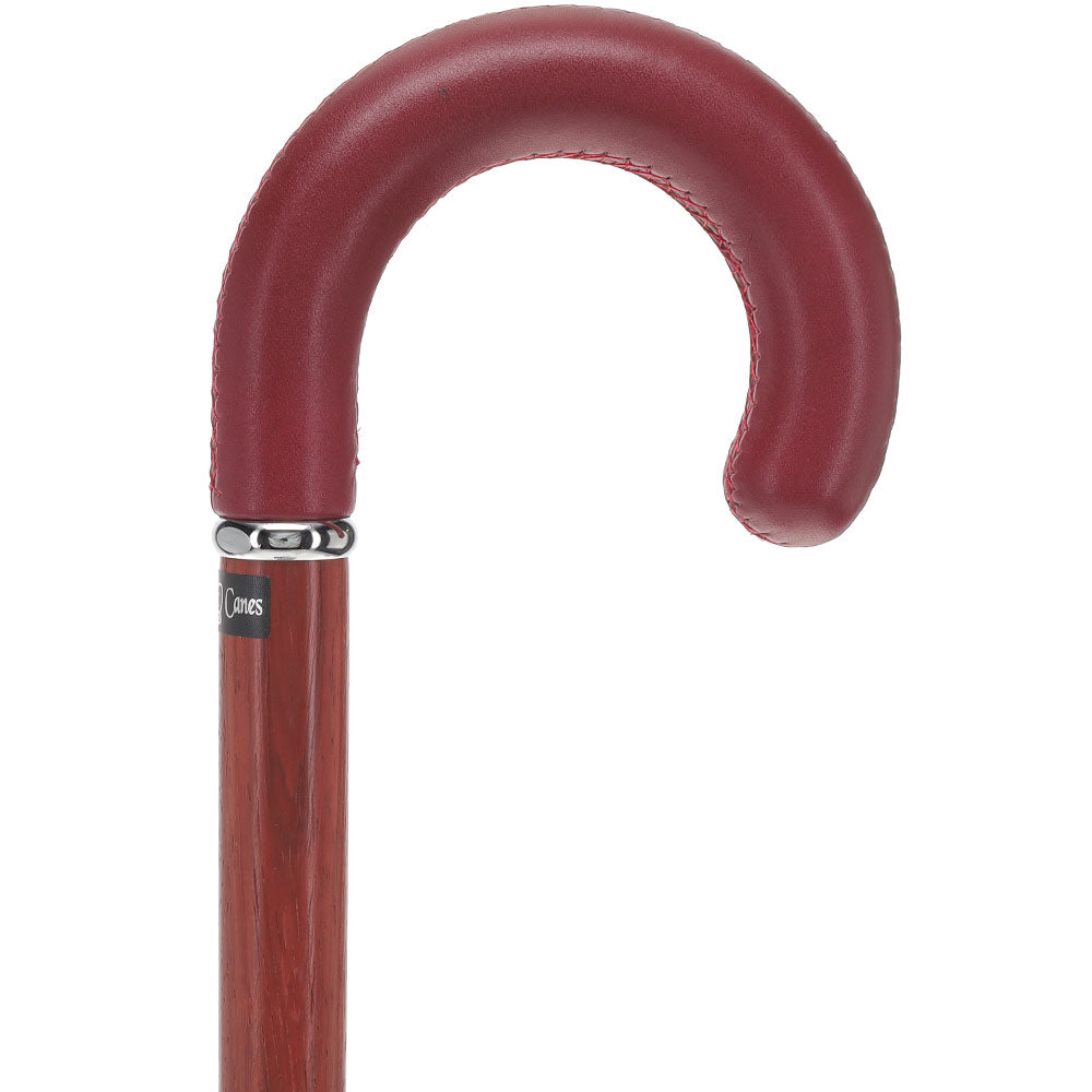 Burgundy Leather Tourist Walking Cane With Padauk Wood Shaft and