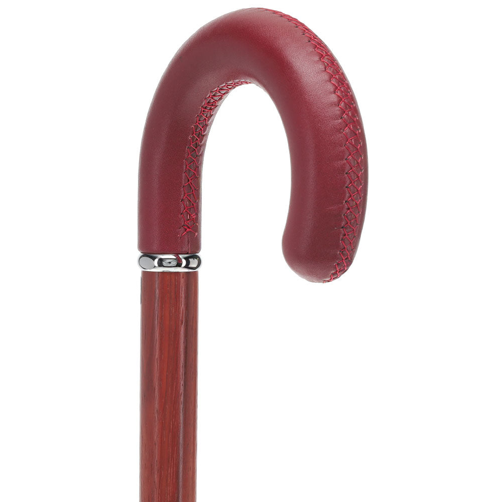 Burgundy Leather Tourist Walking Cane With Padauk Wood Shaft and