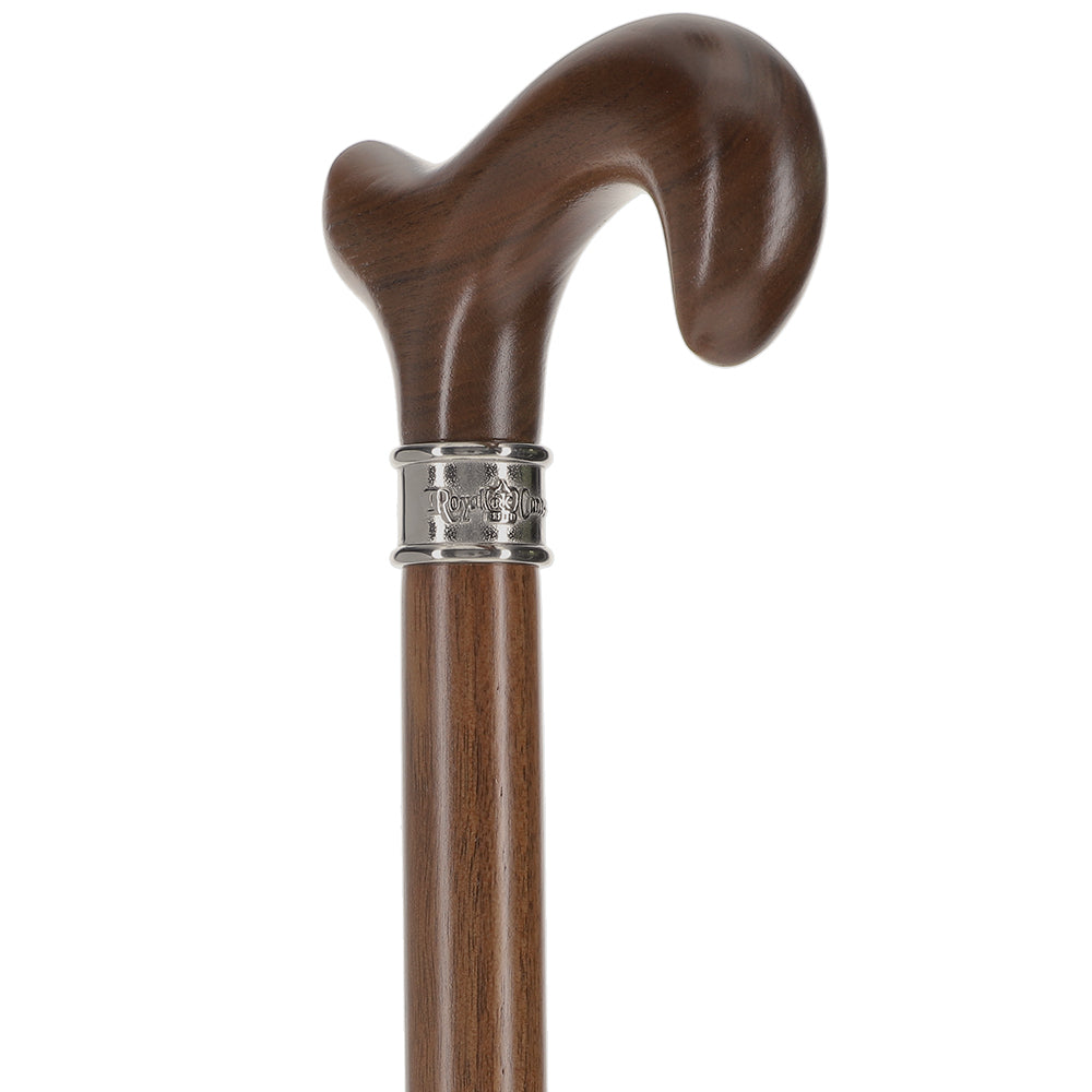 Walnut Derby-Handle Walking Cane with Embossed Steel Collar