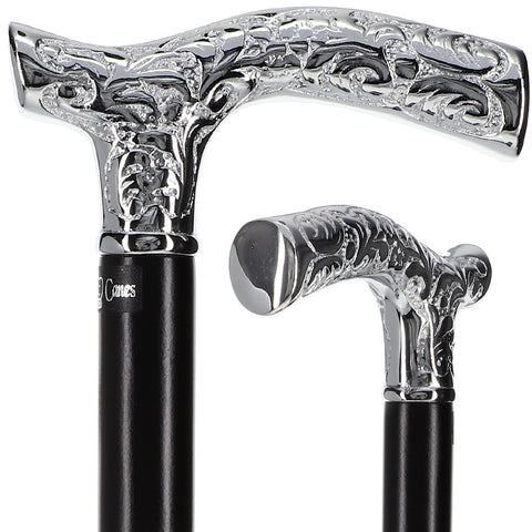 Chrome Plated Scroll Fritz Walking Cane With Black Beechwood Shaft