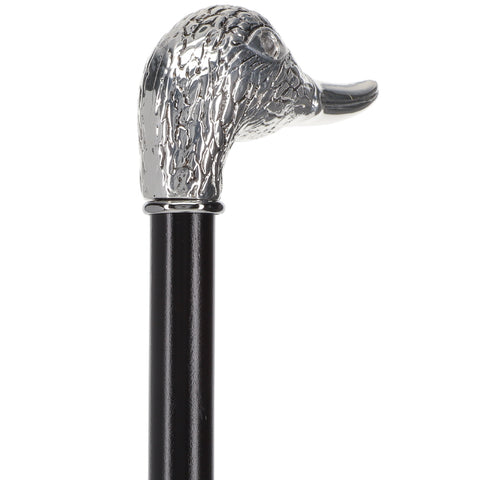 Silver 925r Duck Head Walking Cane with Black Beechwood Shaft and Coll