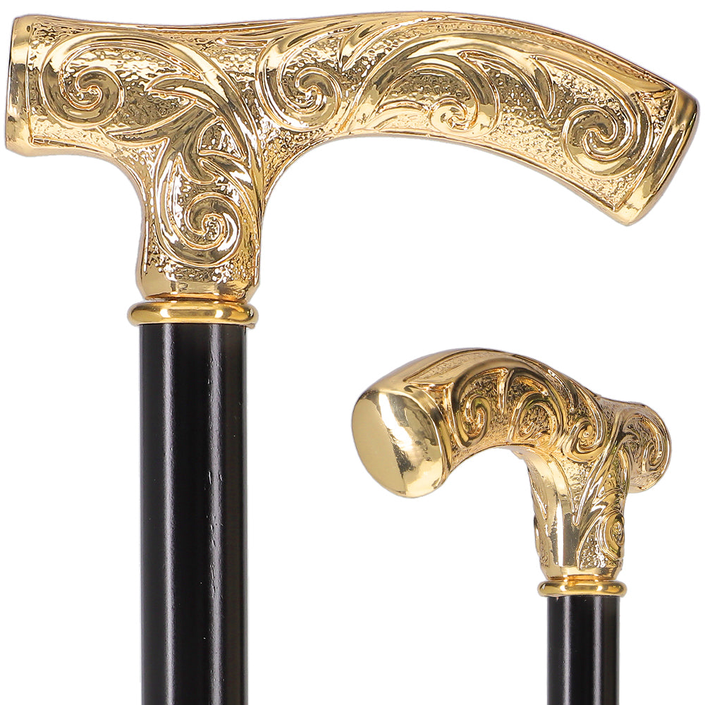 24K Gold Plated Embossed Fritz Handle Walking Cane with Black
