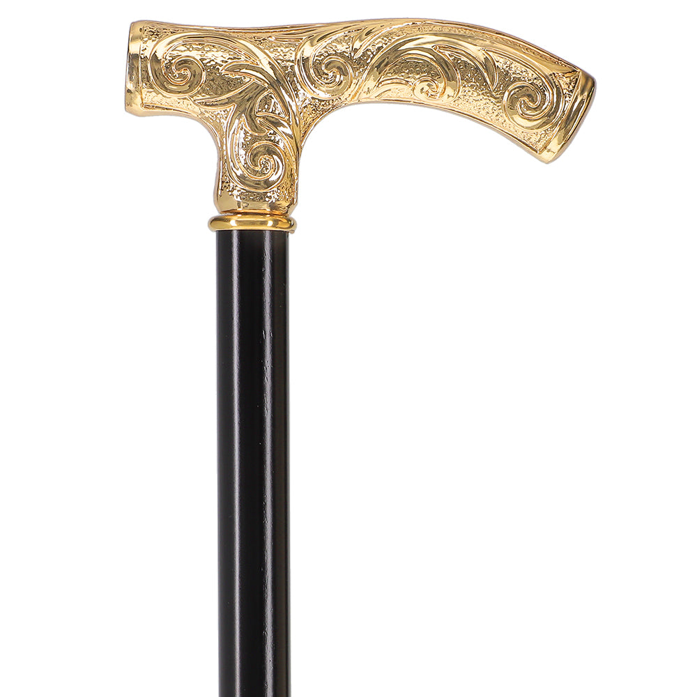 24K Gold Plated Embossed Fritz Handle Walking Cane with Black