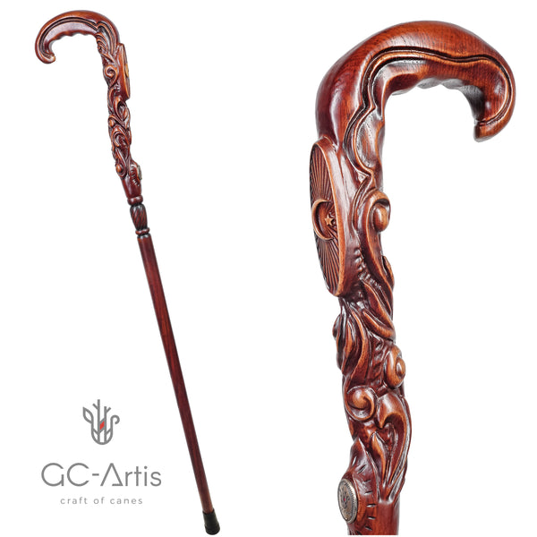 Muslim Symbol Carved Wood Cane: Unique Wood Handcarved Artisan Detail