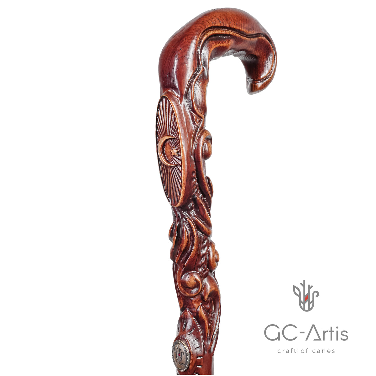 Muslim Symbol Carved Wood Cane: Unique Wood Handcarved Artisan Detail