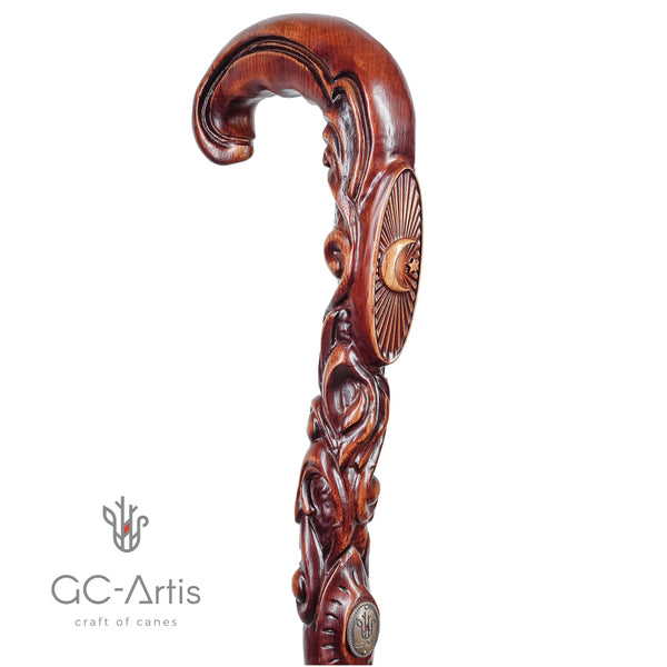 Muslim Symbol Carved Wood Cane: Unique Wood Handcarved Artisan Detail