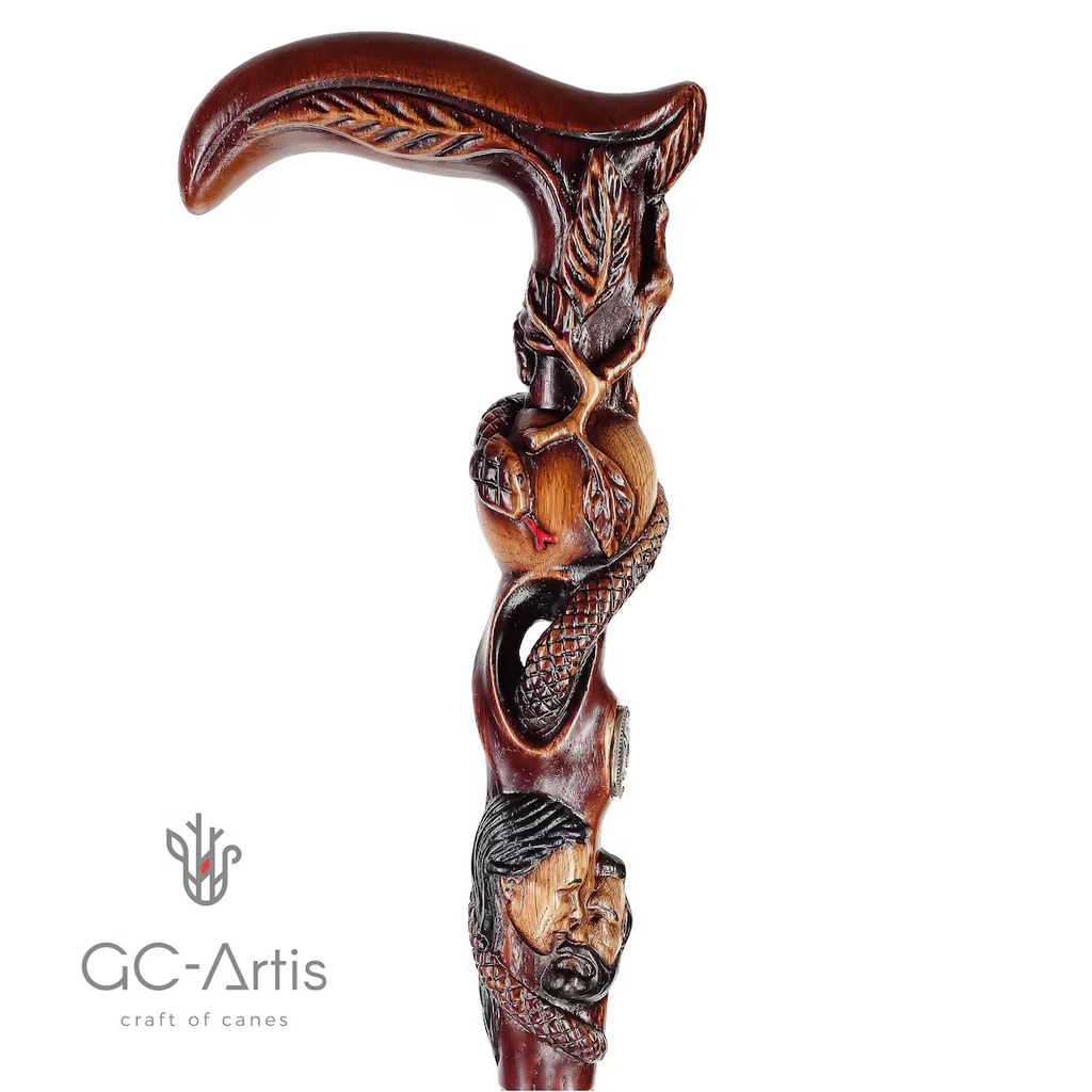 Adam & Eve Carved Wood Cane: Unique Wood Handcarved Artisan Detail