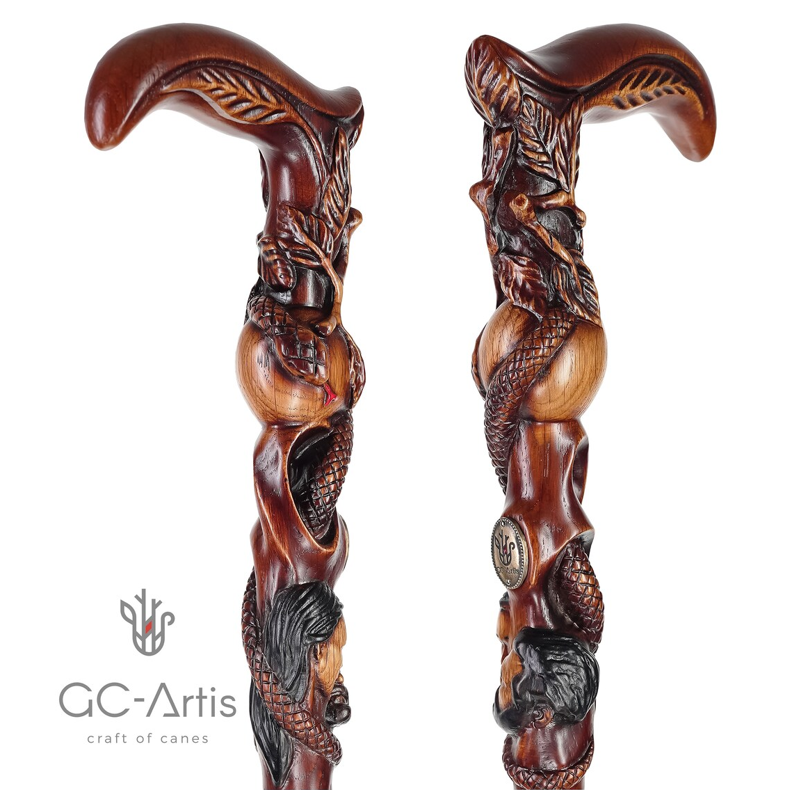 Adam & Eve Carved Wood Cane: Unique Wood Handcarved Artisan Detail