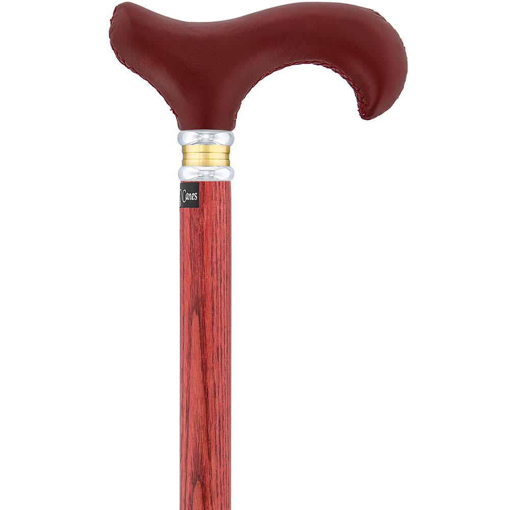 Scratch and Dent Red Leather Derby Walking Cane w/ Red Stained Ash
