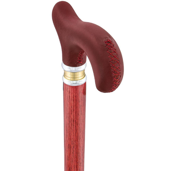 Scratch and Dent Red Leather Derby Walking Cane w/ Red Stained Ash