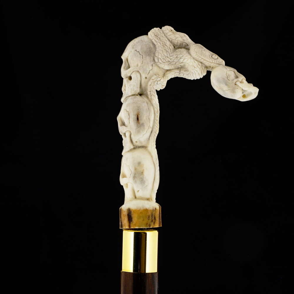Carved Cycle of Life: Skull/Snake Bone Handle Cane - Limited Supply