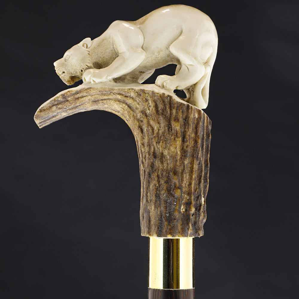 Prowling Panther Bone Handle Walking Cane w/Custom Shaft and Collar