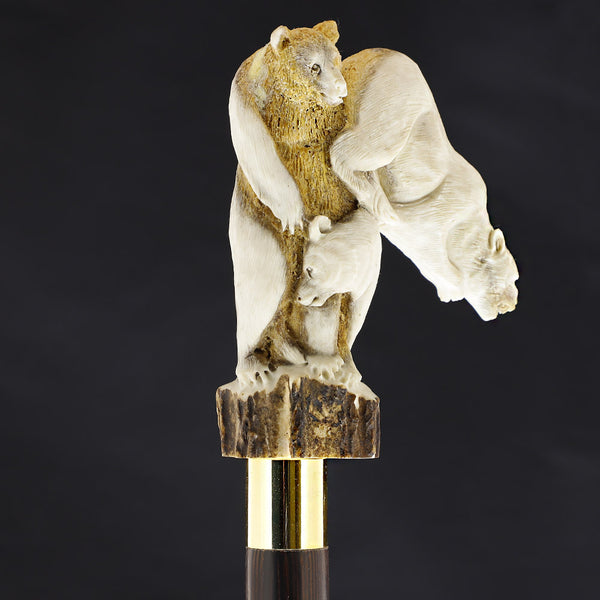 Bear Family Intricate Carved Bone Handle Collector Cane w/Custom