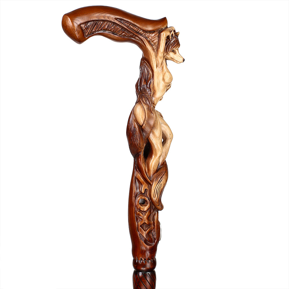 Foxy Girl: Artisan Intricate Detail Hand-Carved Cane