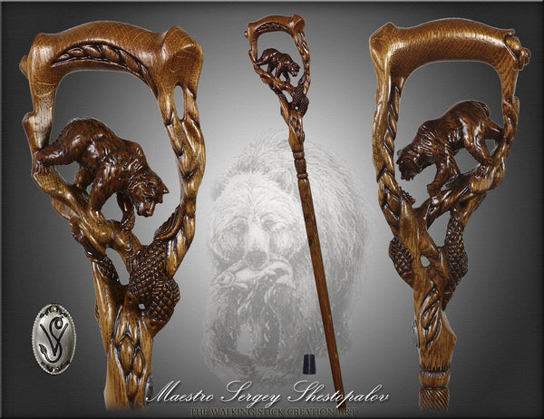 Grizzly Bear & Salmon Fish Artisan Intricate Hand-Carved Walking ...