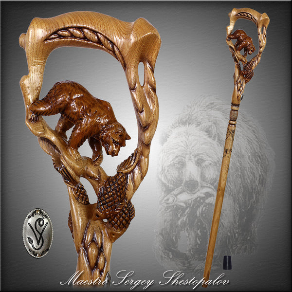 Grizzly Bear & Salmon Fish Artisan Intricate Hand-Carved Walking Cane