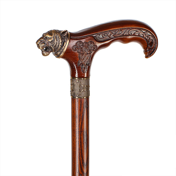 Tiger Head Bronze & Wood Artisan Intricate Detail Design Cane