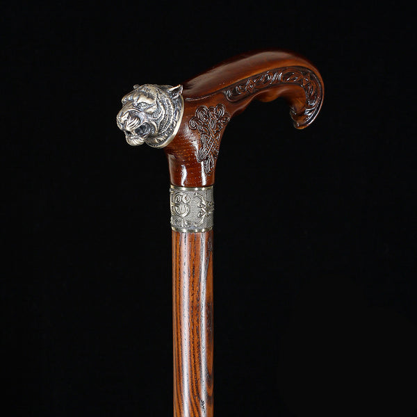 Tiger Head Bronze & Wood Artisan Intricate Detail Design Cane