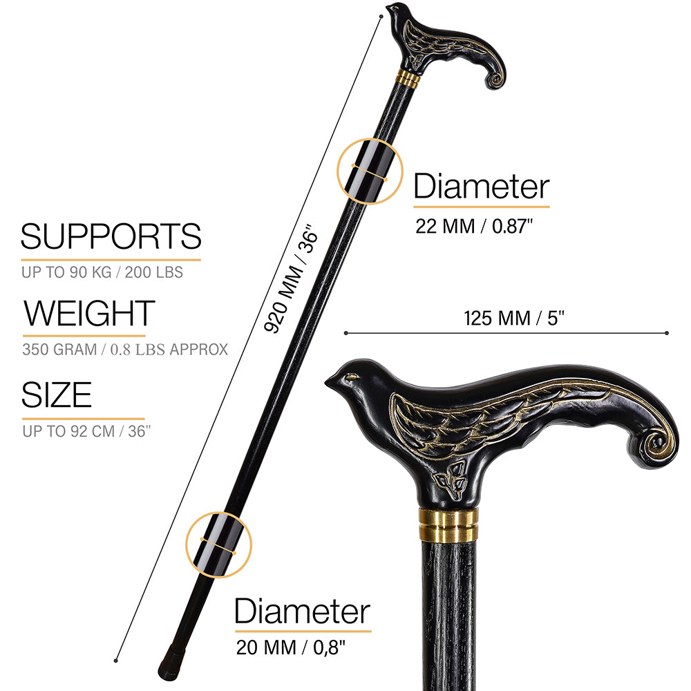 Swallow Bird Black: Artisan Intricate Detail Handcarved Cane