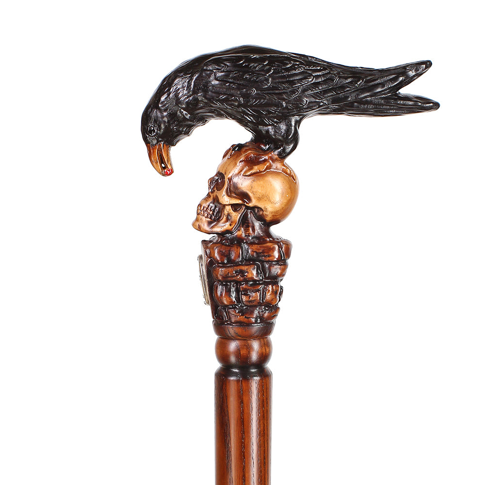 Intricate Handcarved Black Crow & Skull Artisan Cane - Unique